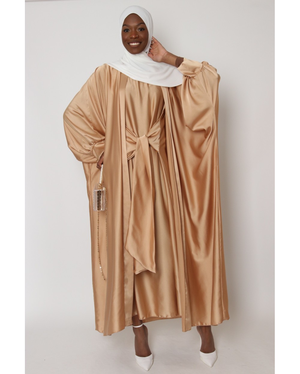 Abaya et kimono satiné avec ceinture Color Camel Color Camel