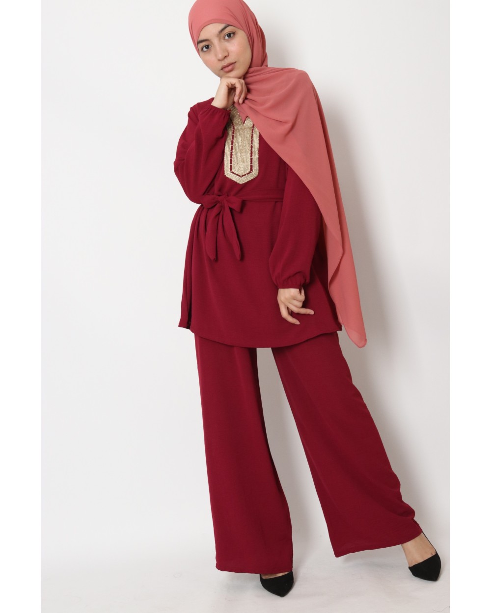 Ensemble tunique mi-longue pantalon ample femme voilée tenue mastour