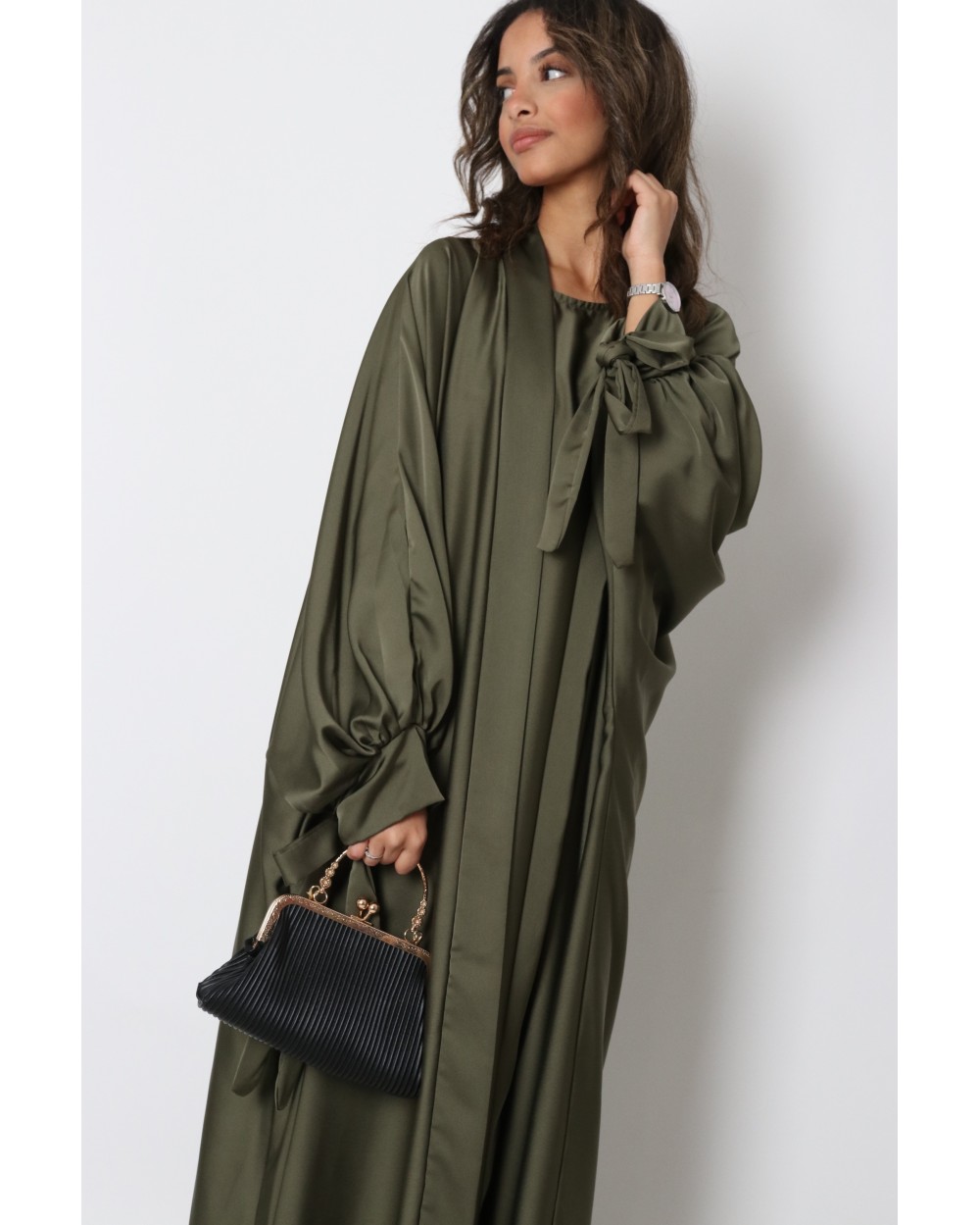 Butterfly sleeve satin kimono dress set with bow